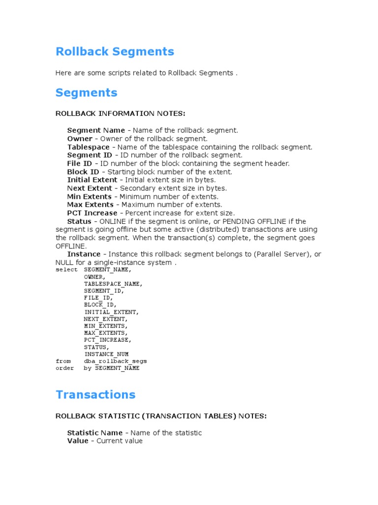 Oracle Tuning Rollback Segments Related | PDF | Database Transaction | Online And Offline