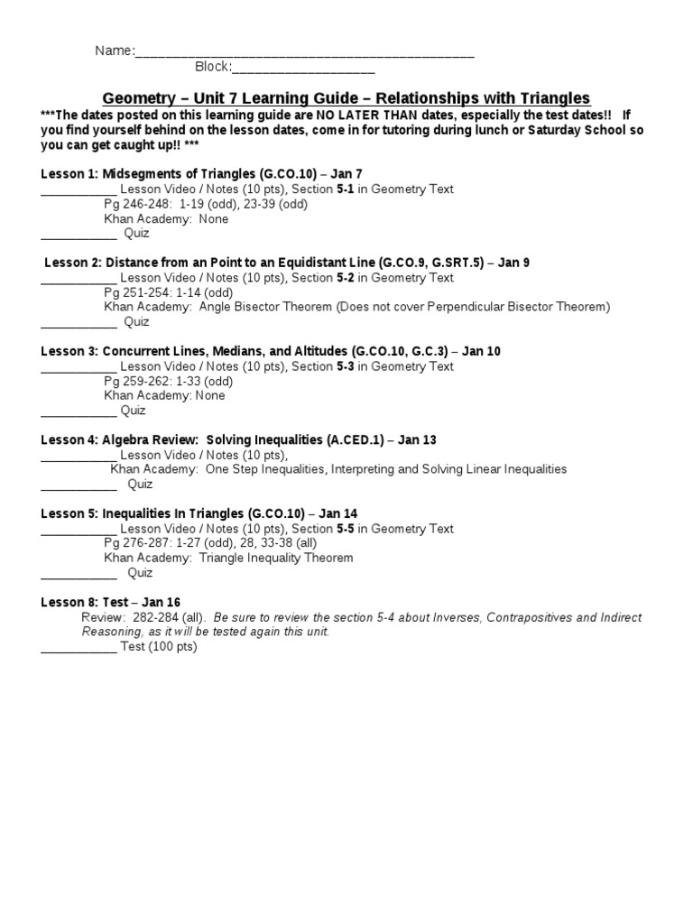 Unit 7 Relationships With Triangles Learning Guids | PDF