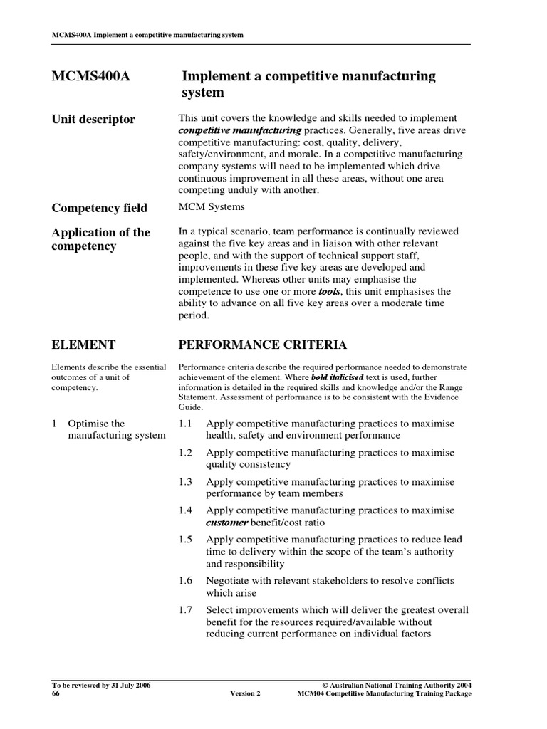 MCMS400A Implement A Competitive Manufacturing System: Unit Descriptor ...