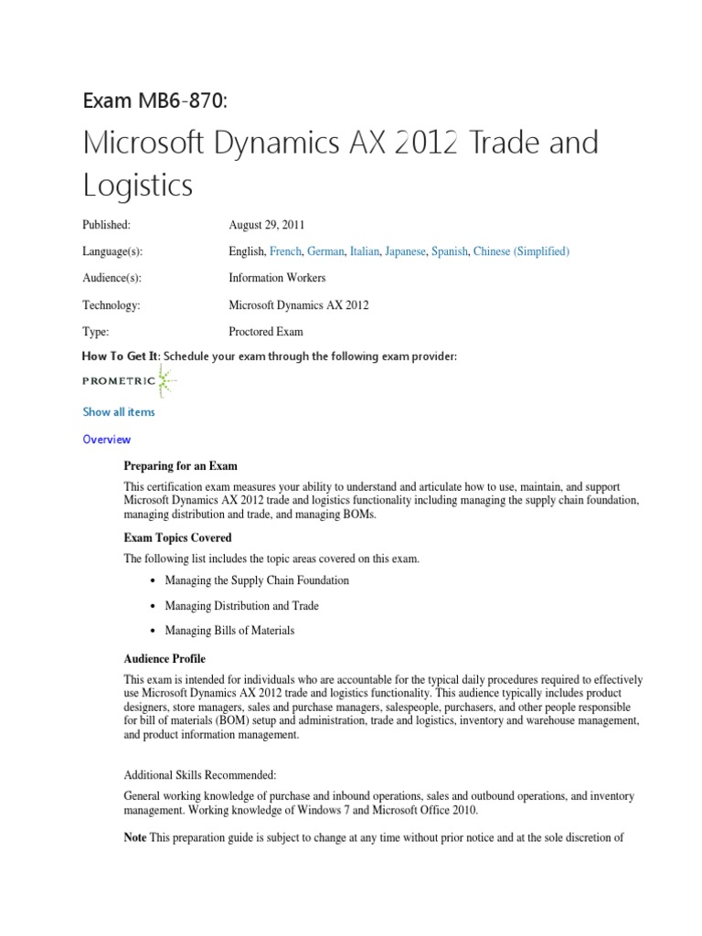 MB6-870 Exam: Dynamics AX 2012 Logistics | PDF | Inventory | Test ...
