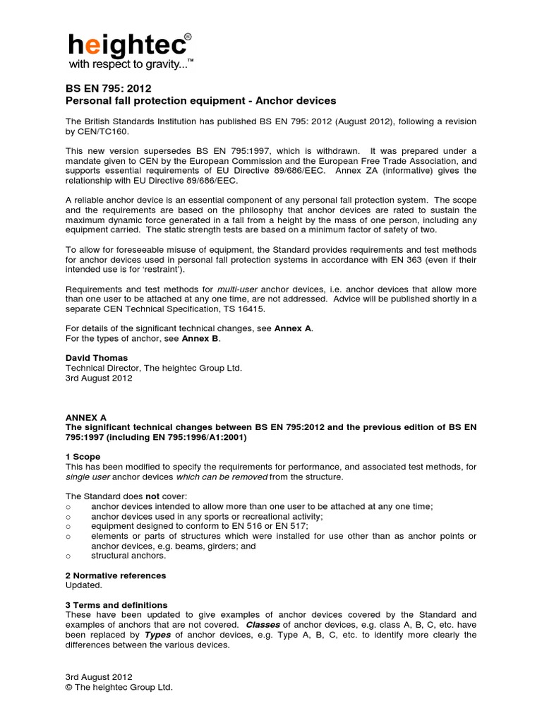 BS EN 795: 2012 Personal Fall Protection Equipment - Anchor Devices ...