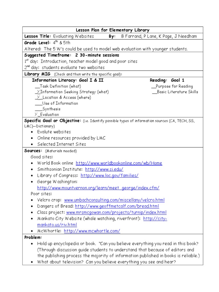 Evaluating Websites Lesson Plan | PDF | Teaching