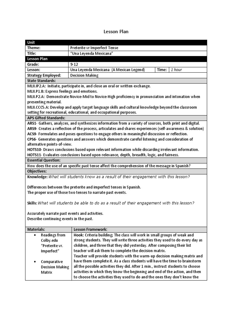 Preterite vs Imperfect Lesson Plan | PDF | Lesson Plan | Educational ...