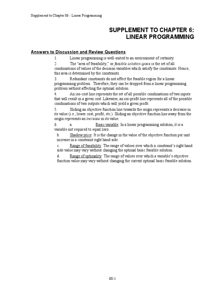 Supplement To Chapter 6 Linear Programming Answers To Discussion And 9372