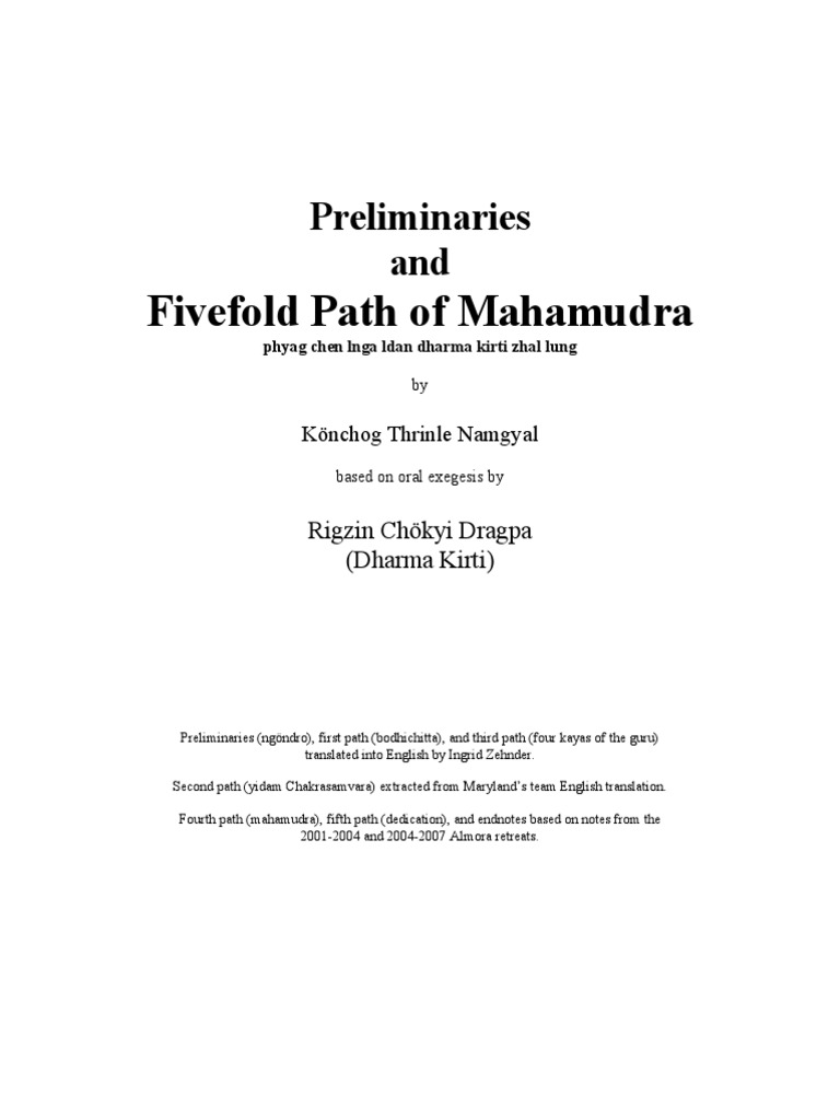 Preliminaries and Fivefold Path of Mahamudra Cover Page | PDF