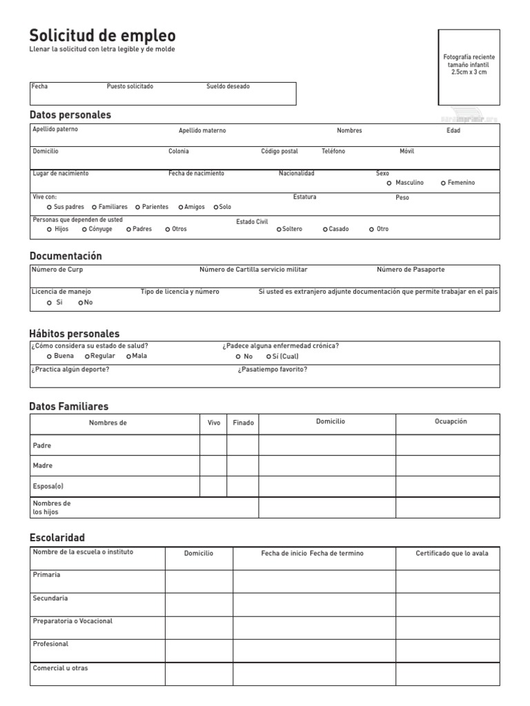 Solicitud de Empleo para Imprimir | PDF | Crecimiento personal y ...
