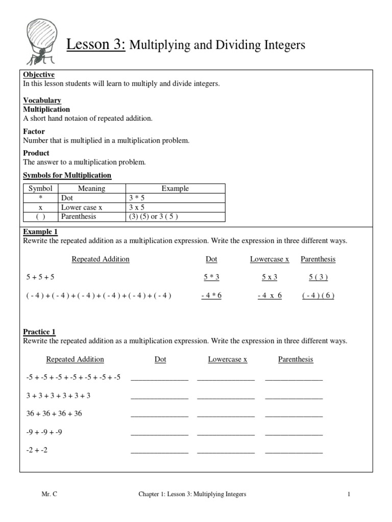 Lesson 3 Multiplying and Dividing Integers | PDF | Division ...