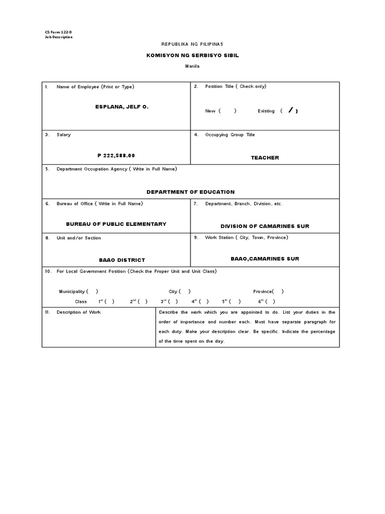 CS Form 122 | PDF | Quality Of Life | Teachers
