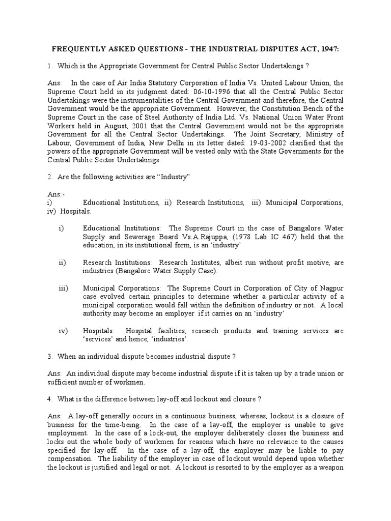 Frequently Asked Questions - The Industrial Disputes Act, 1947 | PDF ...