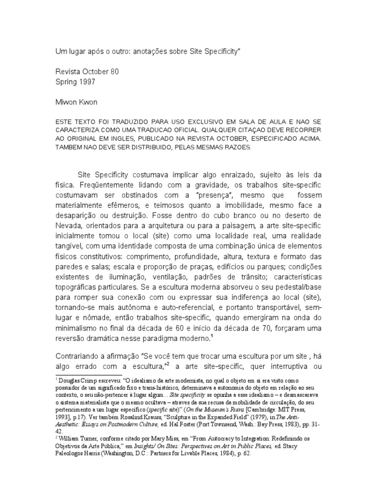 Um Lugar Após o Outro: Anotações Sobre Site-Specificity - Miwon Kwon ...