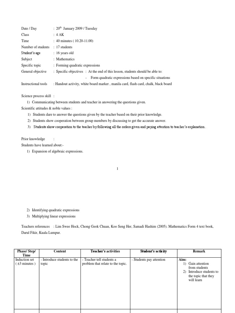 Lesson Plan Matematik FORM 4 | PDF | Lesson Plan | Education Theory