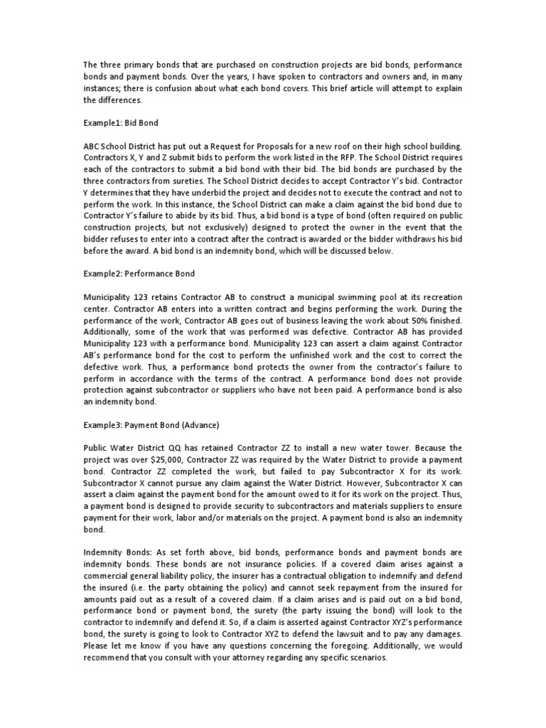 Bid Bond, Performance Bond, Payment Bond | Surety Bond | Indemnity