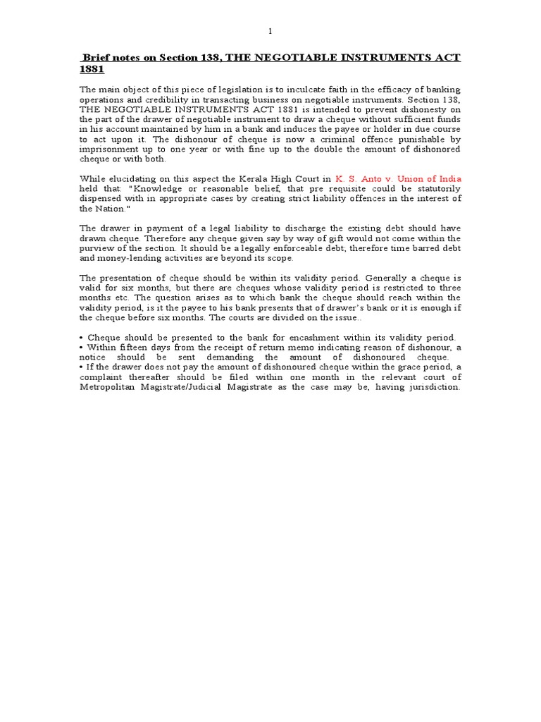 Brief Notes On Section 138, THE NEGOTIABLE INSTRUMENTS ACT 1881 | PDF ...