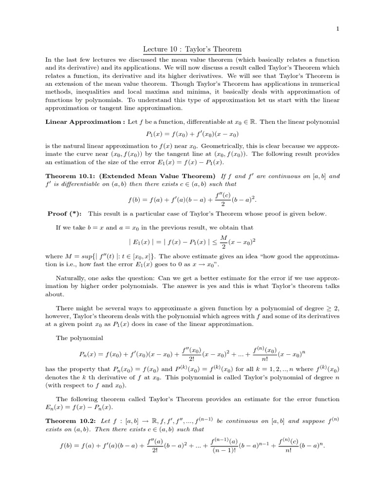 Lecture 10 Taylor's Theorem PDF | PDF | Derivative | Functions And Mappings