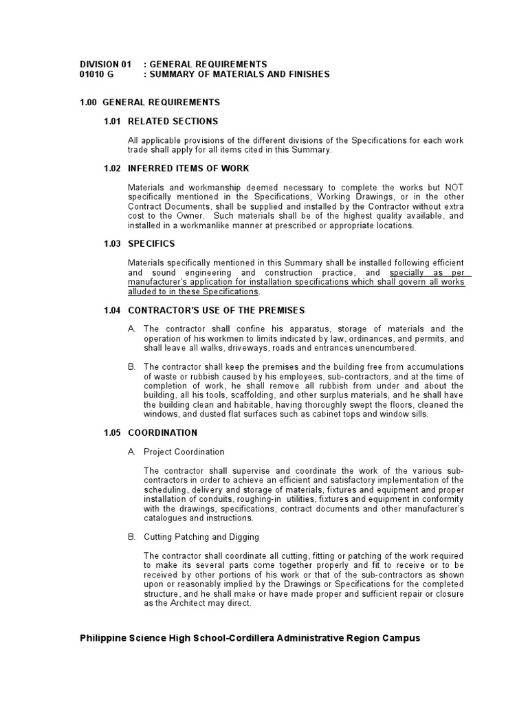 Division 01: General Requirements 01010 G: Summary of Materials and ...