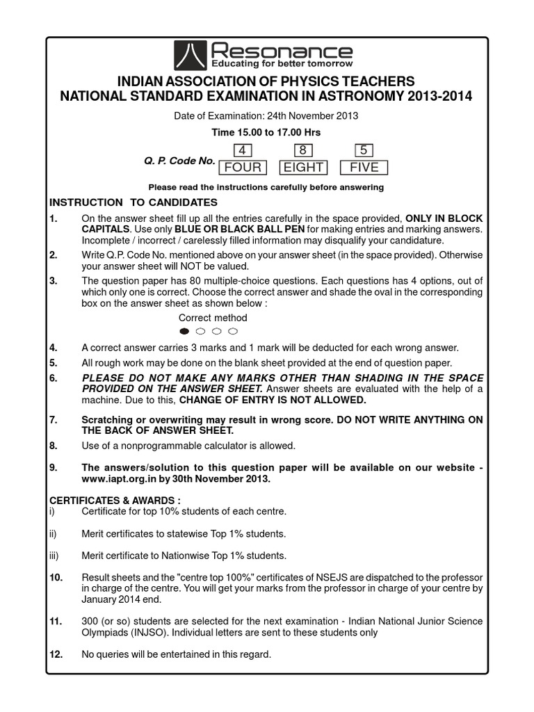 NSEA 2013 Astronomy Test Paper | Download Free PDF | Moon | Lens (Optics)