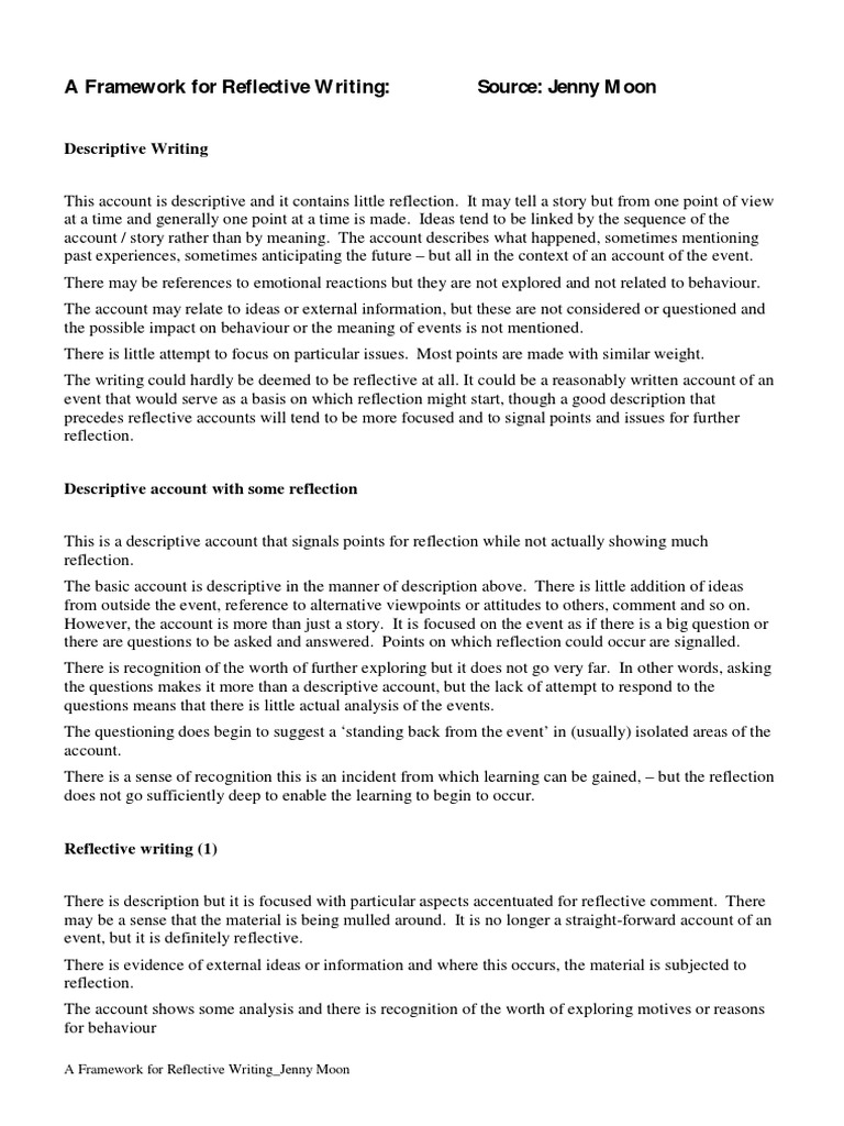 A Framework For Reflective Writing - Jenny Moon | PDF | Emotions | Behavior