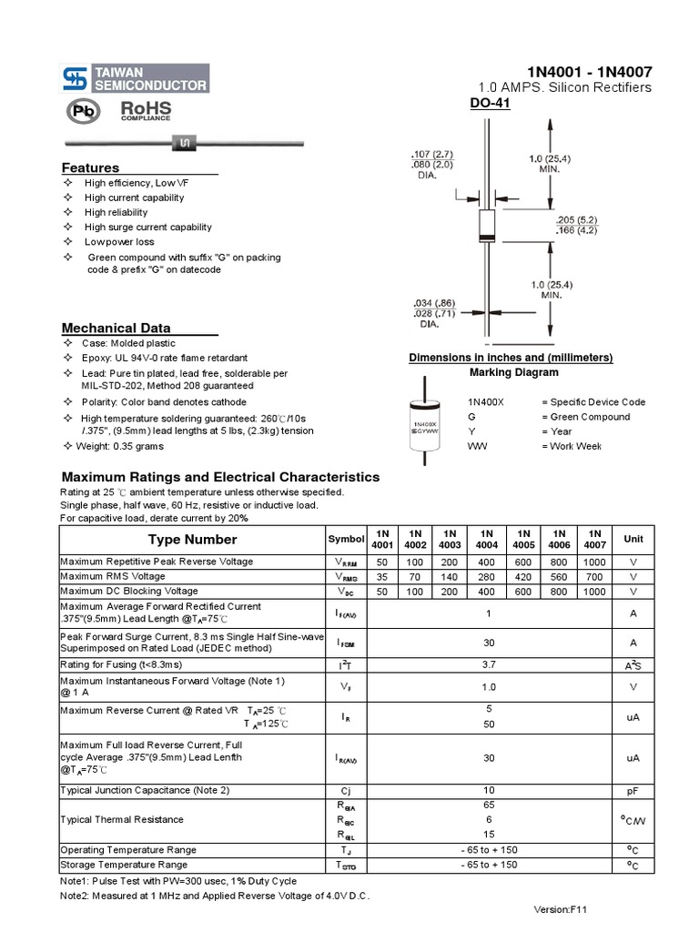 Datasheet 1n4001 | PDF | Voltage | Capacitor