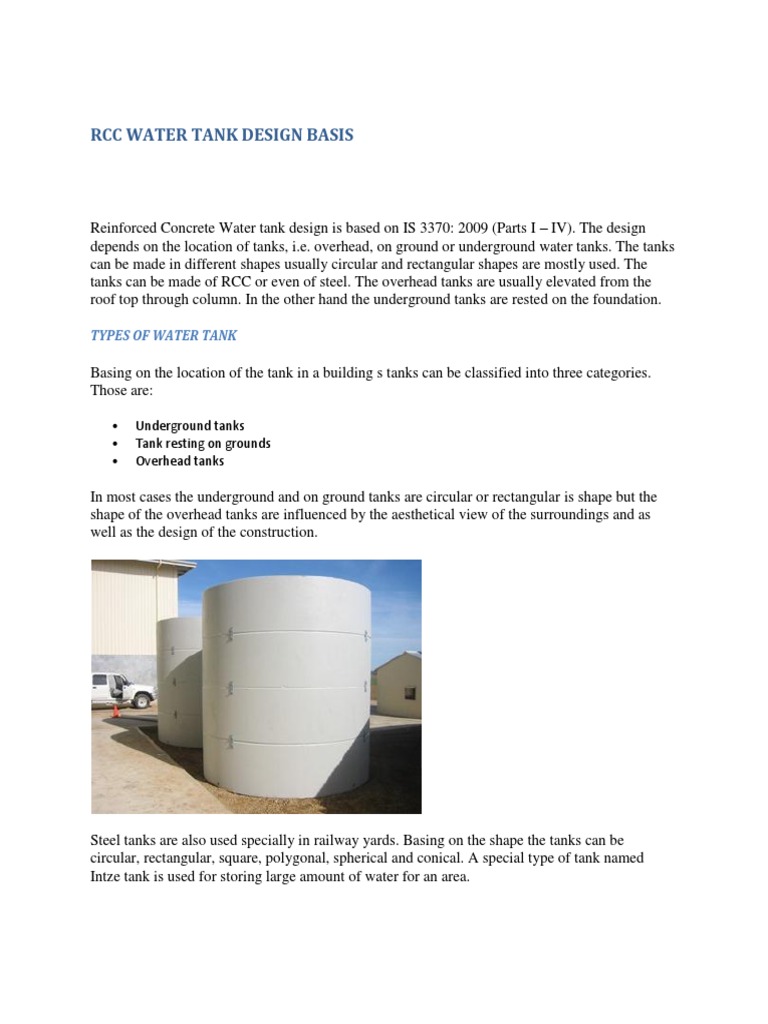 RCC Water Tank Design Basis | PDF | Concrete | Strength Of Materials