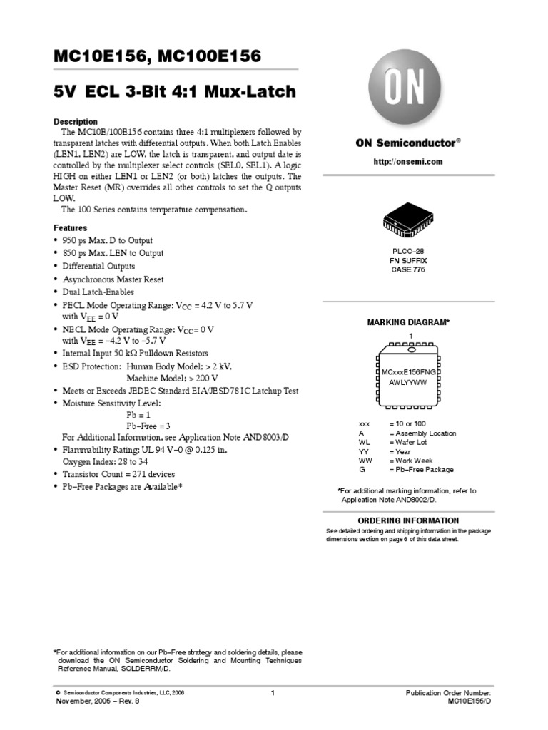 MC10E156, MC100E156 5VECL 3-Bit 4:1 Mux-Latch: Description | PDF ...