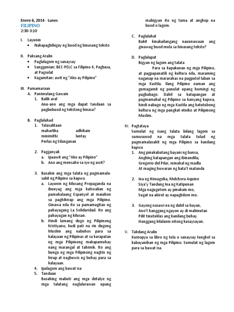 Banghay Aralin sa Filipino 4