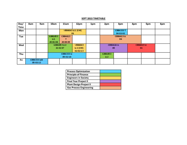 Sept 2013 Timetable Day/ Time 8am 9am 10am 11am 12pm 1pm 2pm 3pm 4pm ...