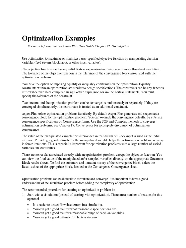 Optimization Examples: For More Information See Aspen Plus User Guide ...