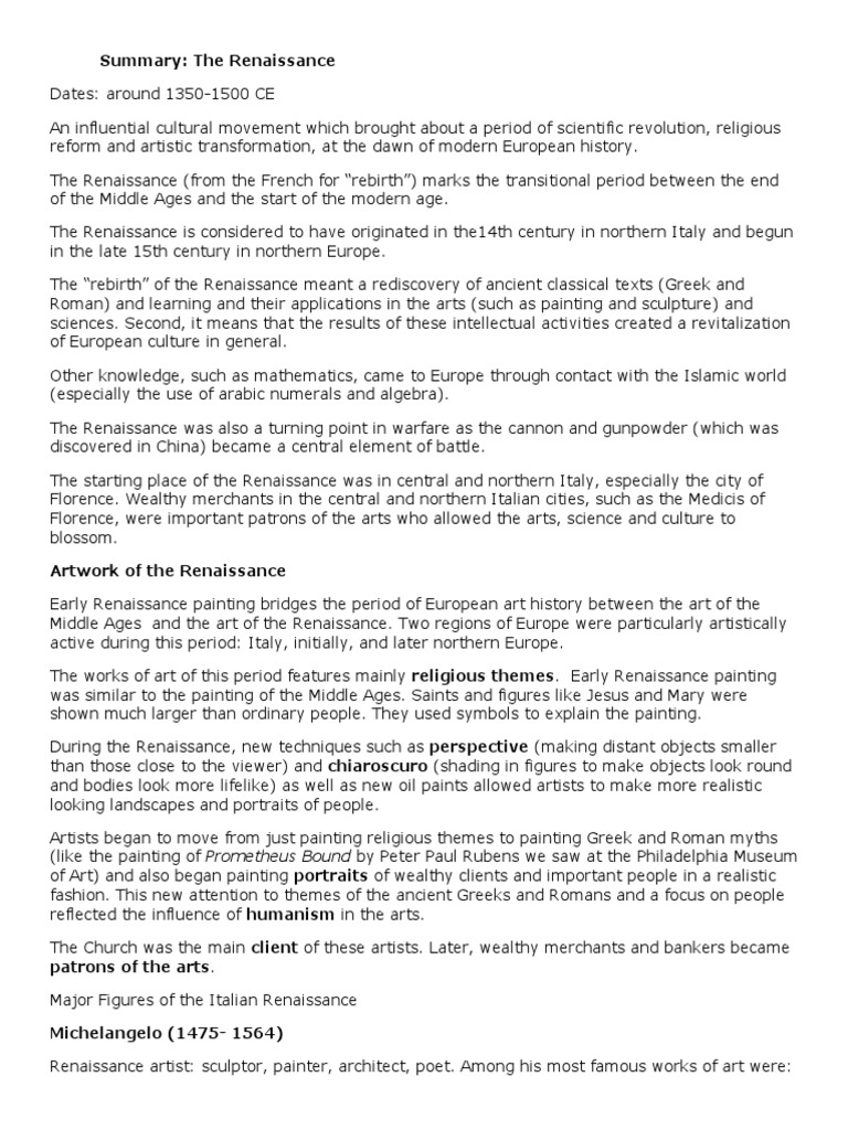 The Renaissance Summary | PDF | Renaissance | Leonardo Da Vinci