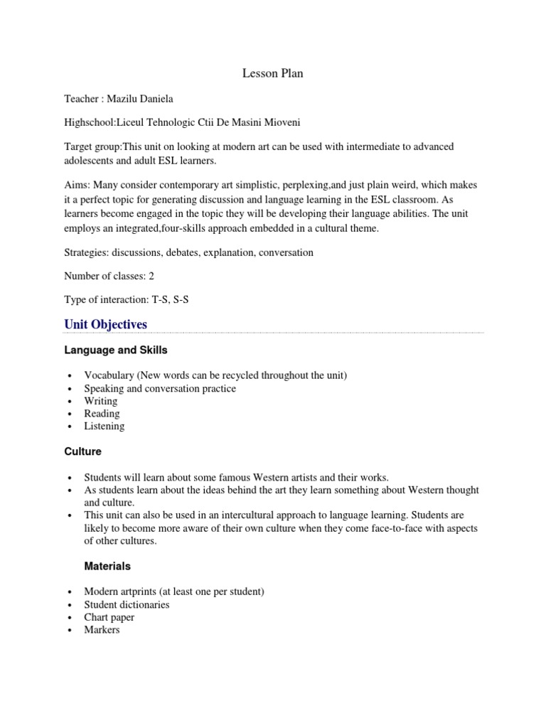 ESL Lesson Plan: Exploring Modern Art | PDF | English As A Second Or ...