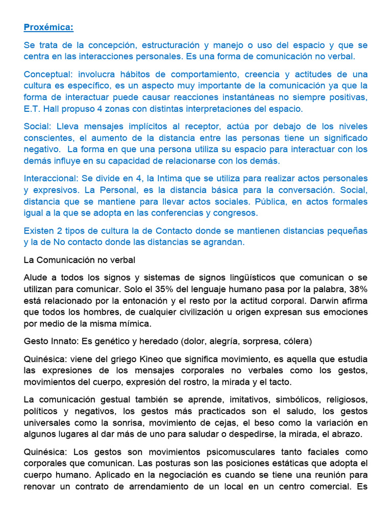 Resumen Proxémica, Quinésica, Paralenguaje, Cronémica | PDF ...