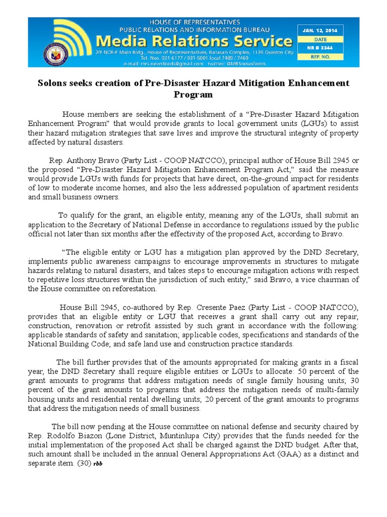 Jan12.2014solons Seeks Creation of Pre-Disaster Hazard Mitigation ...