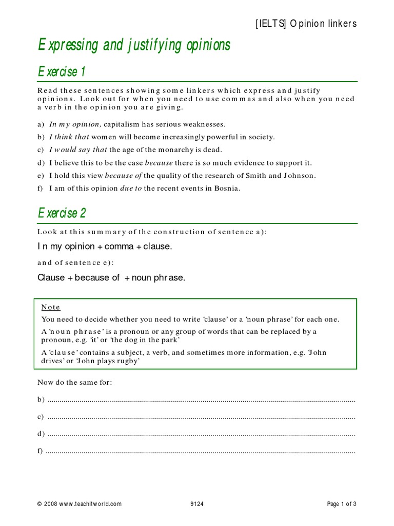 Expressing and Justifying Opinions: Exercise 1 | PDF | Sentence ...