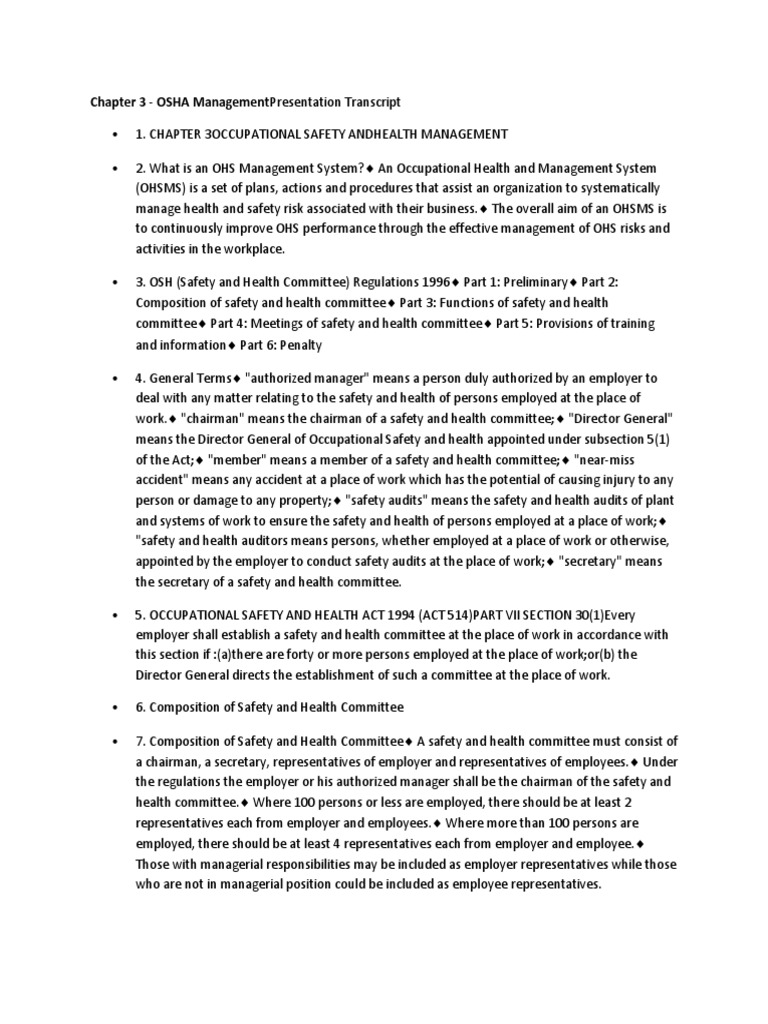 Chapter 3 - Osha Managementpresentation Transcript | PDF | Occupational Safety And Health | Safety