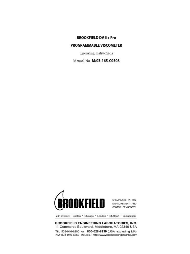Brookfield Dv-Ii+ Pro Programmable Viscometer: Operating Instructions ...