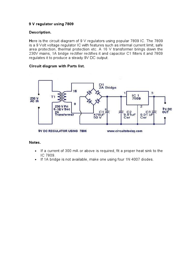 9 v Regulator Using 7809 | Rectifier | Electronic Circuits