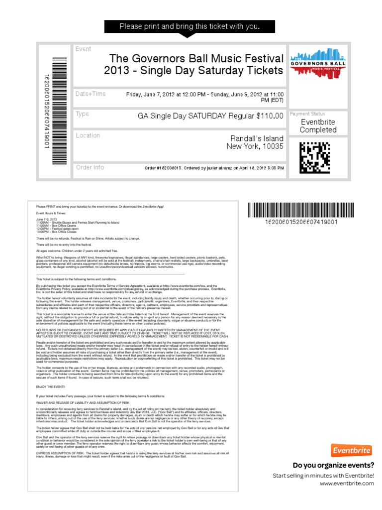 Governors Ball 2013 Ticket Details | PDF | Indemnity | Search And Seizure