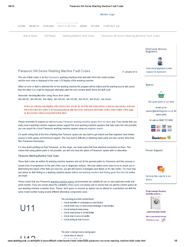 Panasonic NA Series Washing Machine Fault Codes | PDF | Mains ...