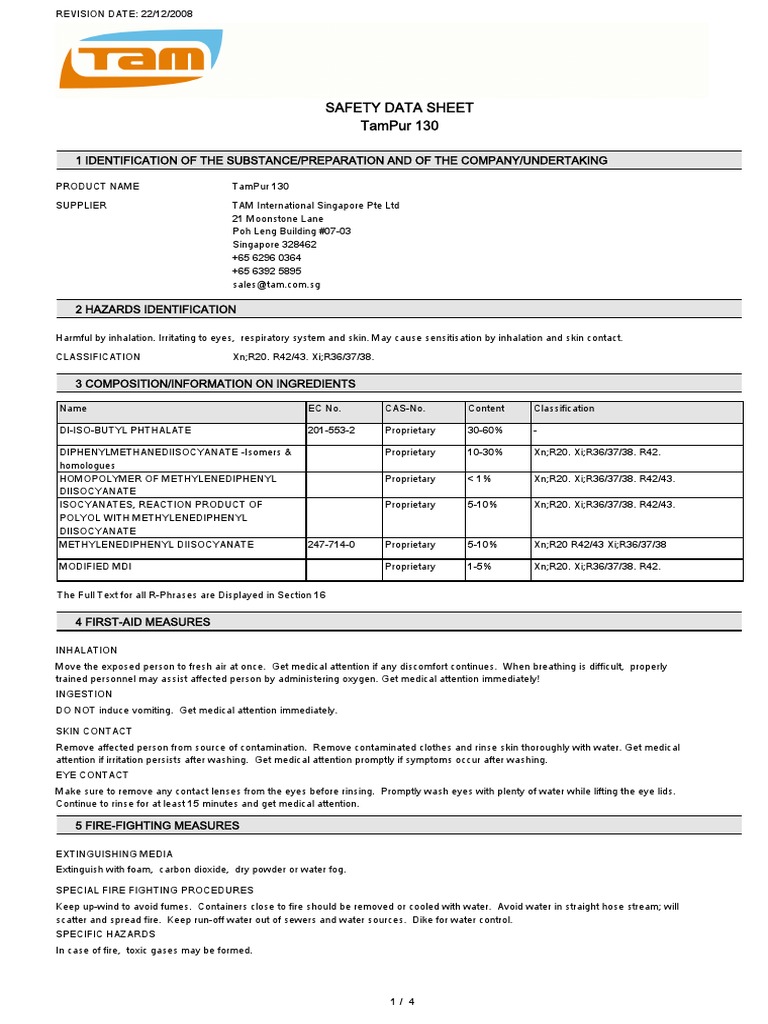 Safety Data Sheet Tampur 130: 1 Identification of The Substance ...