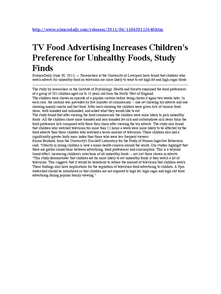 TV Ads Boost Kids' Unhealthy Food Choices | PDF | Wellness | Science ...