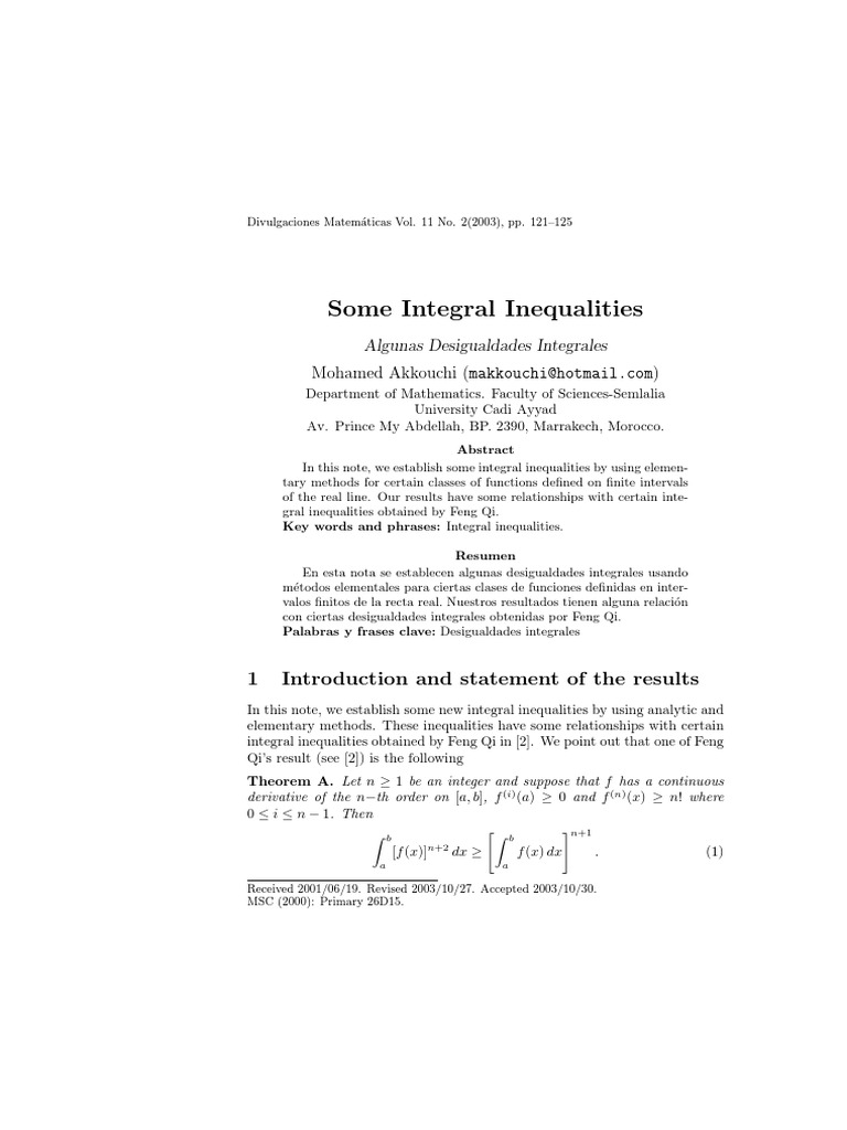 Some Integral Inequalities: 1 Introduction and Statement of The Results ...