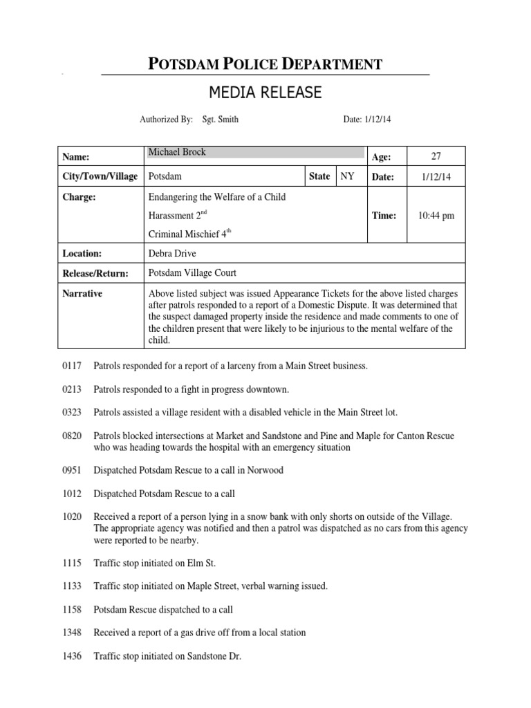 Potsdam Village Police Department Blotter Jan. 12, 2014 | PDF