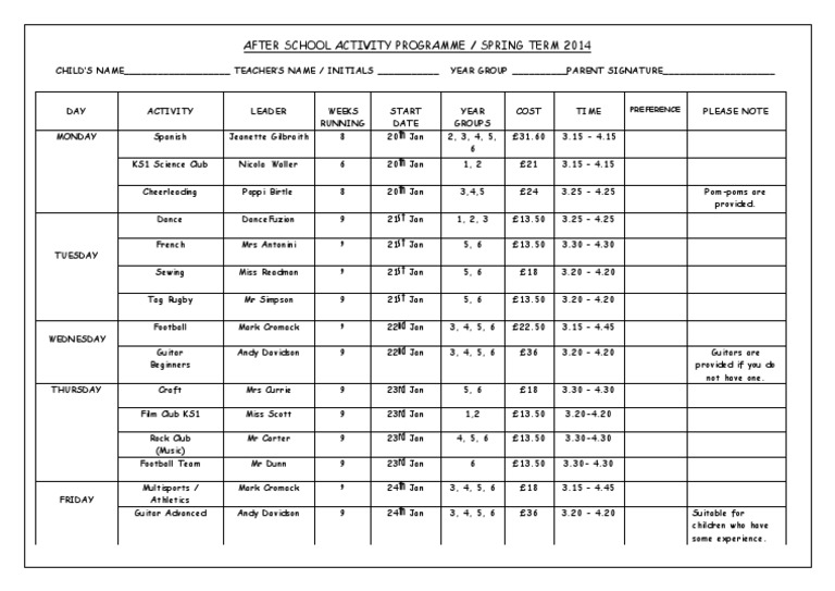 After School Activity Programme Spring 14 | PDF | Sports & Recreation