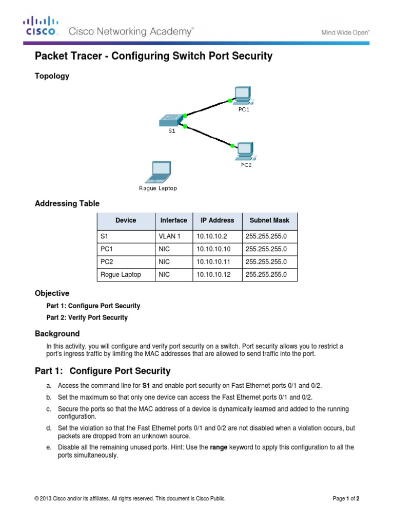 Configuring Switch Port Security Instructions