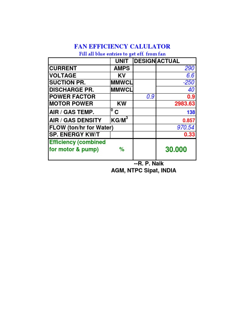 Fan Efficiency Calculation Tool | PDF | Technology & Engineering