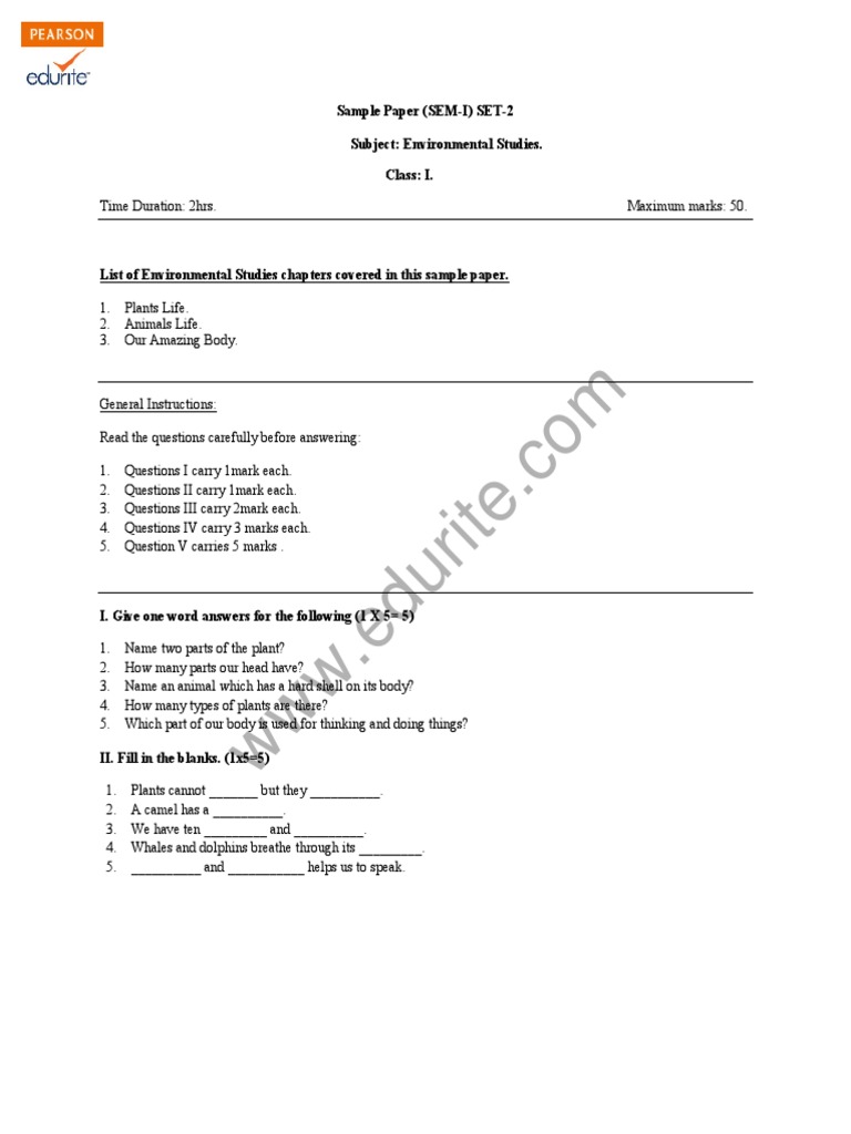 Cbse Class 1 Evs Sample Paper Term 1 Model 2 | PDF