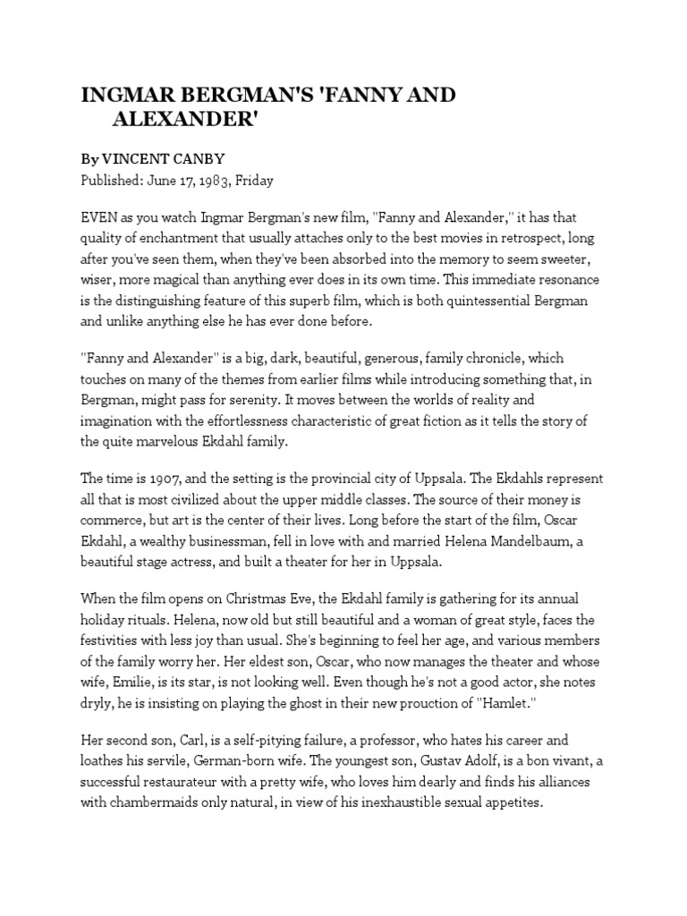 Ingmar Bergman'S 'Fanny and Alexander': by Vincent Canby | PDF | Leisure