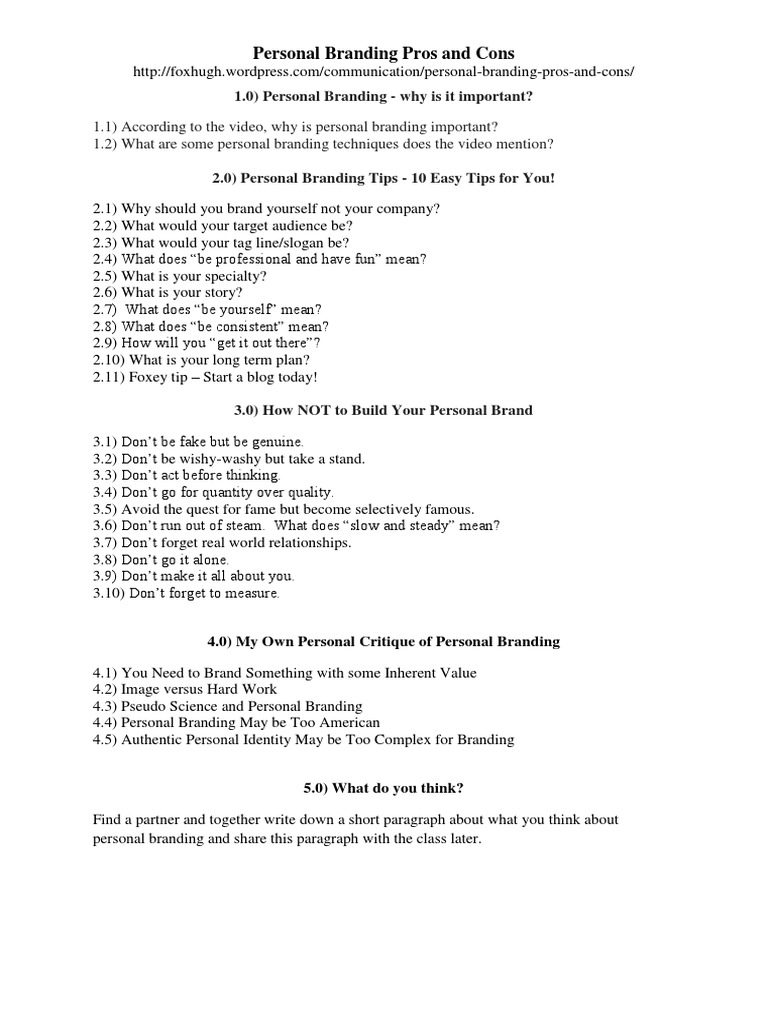 Personal Branding Worksheet Examples