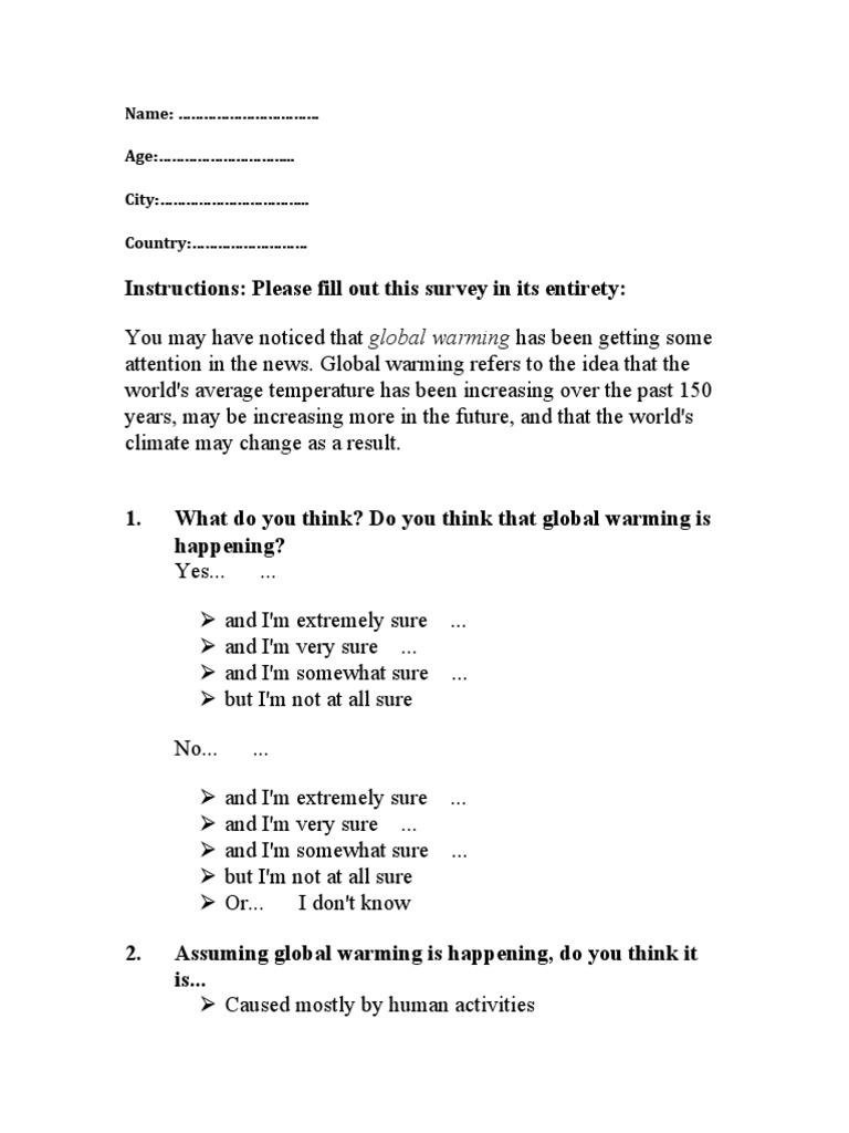 Global Warming Awareness Survey | PDF