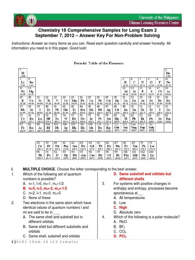 Chemistry 16 Comprehensive Samplex (ANSWER KEY for Non-PSolv) | Atomic ...