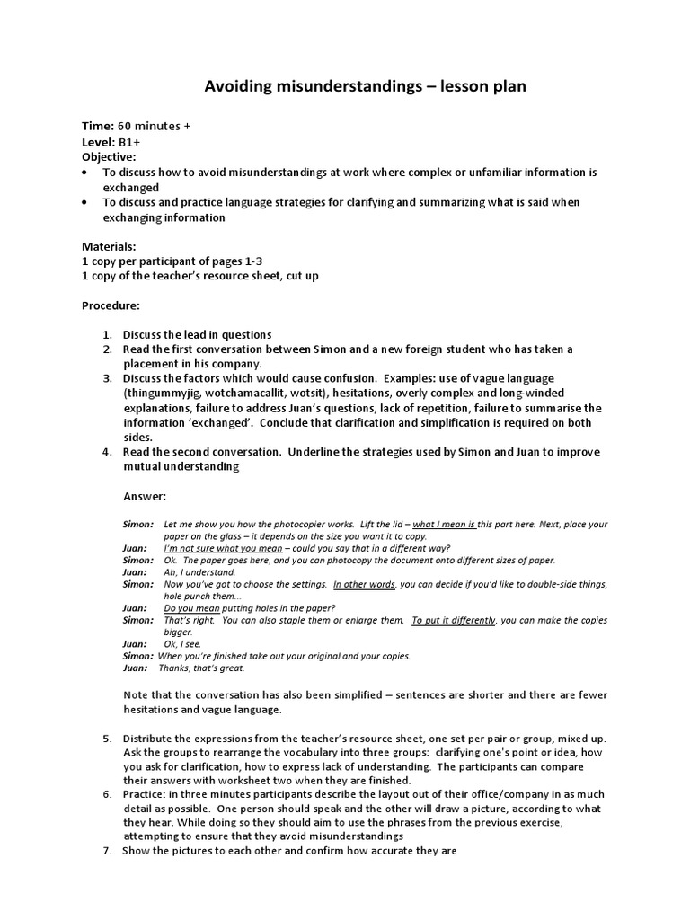 "B1+ Lesson Plan: Avoiding Misunderstandings" | PDF | Understanding ...